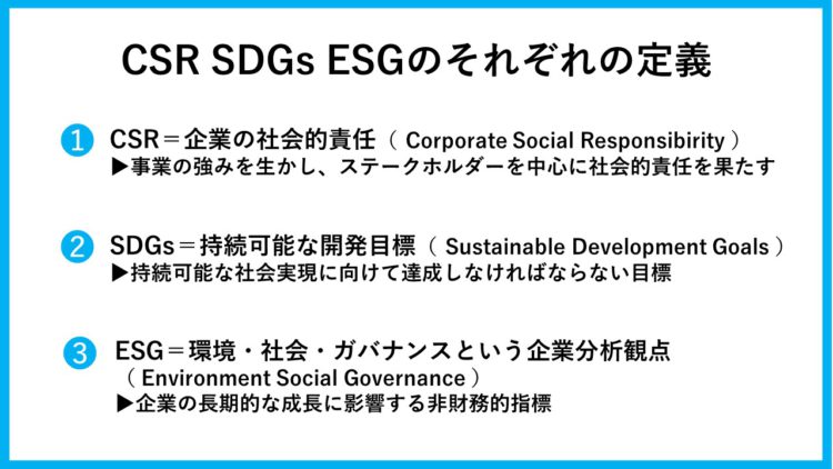 CSR, SDGs, ESGの違いを解説 - Far East Tokyo